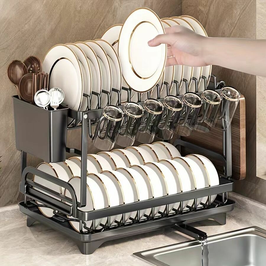 Сушилка для посуды настольная со сливом на стол черная, 42 см x30 см x 30 см