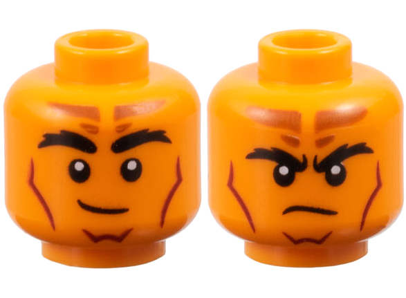 Minifigure, Head Dual Sided Black Bushy Eyebrows, Dark Orange Forehead Markings, Dark Red Contour Lines, Lopsided Grin / Frown Pattern, 3626pb3673 Orange N