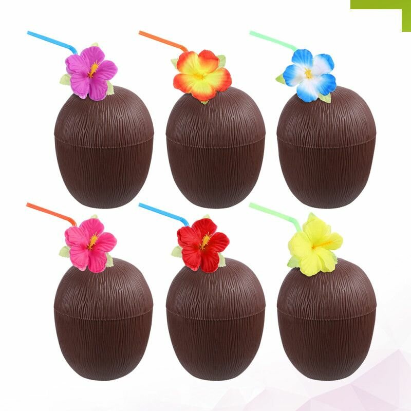 6 шт. Портативные стаканы для питья с кокосом на Гавайях, аксессуары с цветочными соломинками для бара, пляжной вечеринки (случайный цвет соломинки)