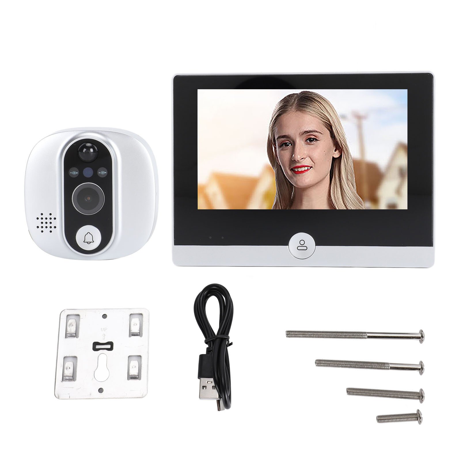 4,3-дюймовая дверная камера-глазок 1080p Wi-Fi, широкоугольный объектив 150 градусов, датчик движения, серебристый цвет.