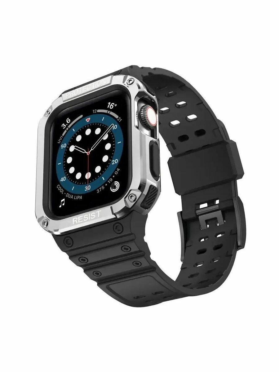 Ремешок для Apple Watch 44/45 mm с усиленным защитным бампером Black/Silver