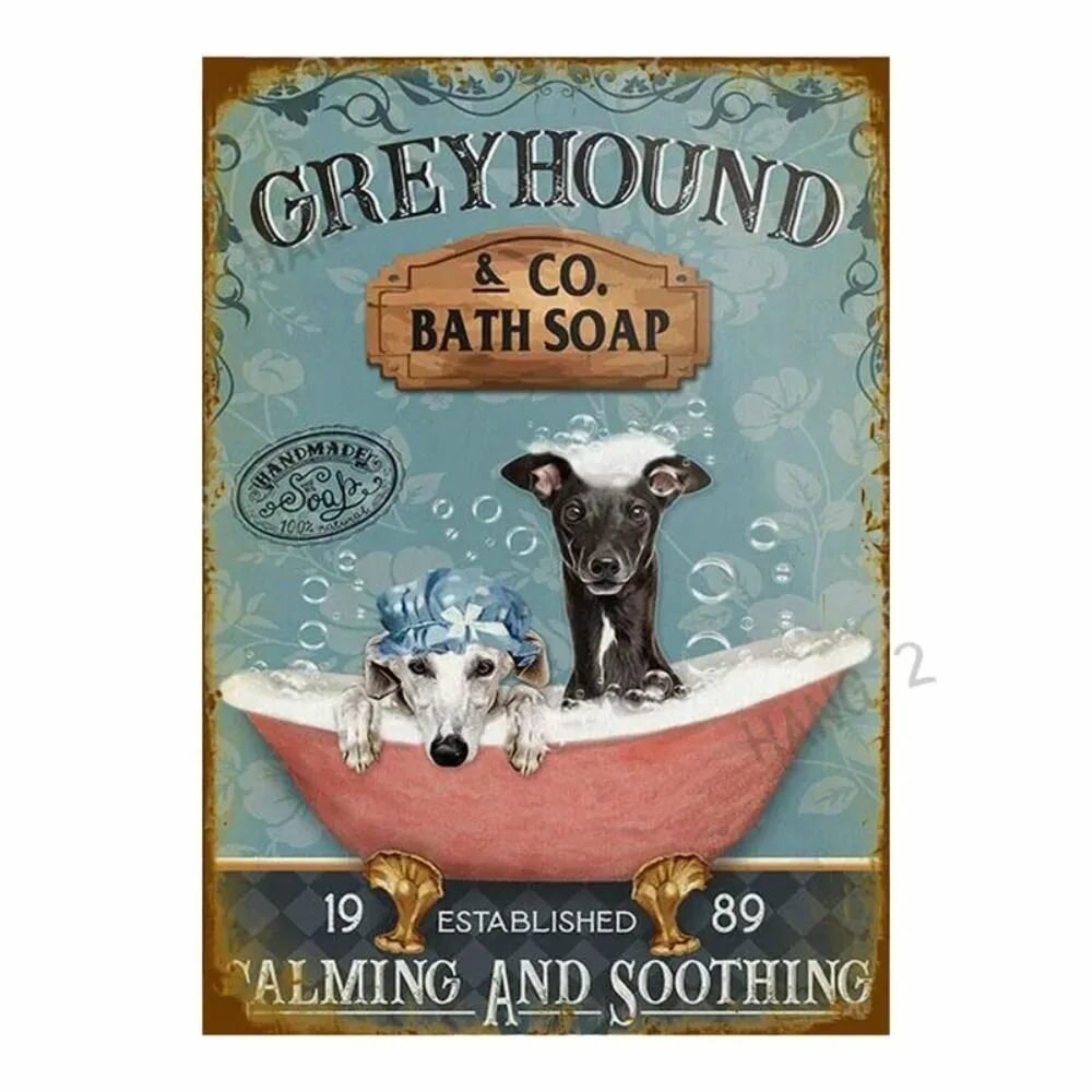 Табличка два грейхаунда в ванной "Greyhound & Co. Bath Soap", ретро стиль, металл, декор для интерьера, 20х30 см.