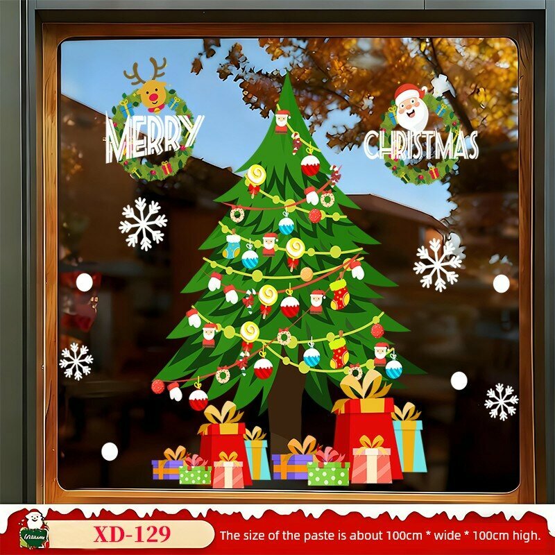 Новогодние стеклянные наклейки, статические наклейки, наклейки на окна с изображением Деда Мороза и елки, оформление