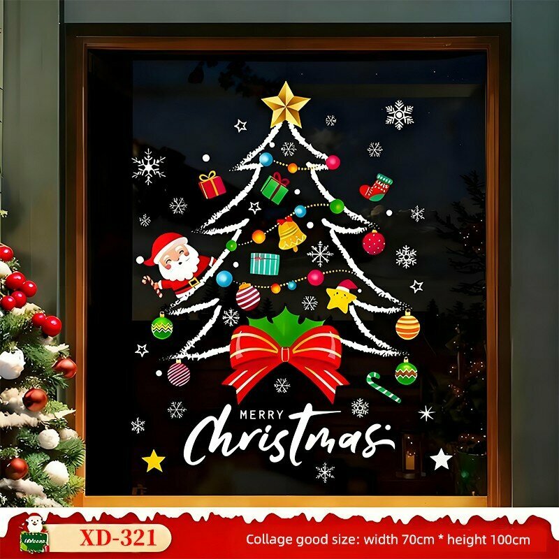 Новогодние стеклянные наклейки, статические наклейки, наклейки на окна с изображением Деда Мороза и елки, оформление