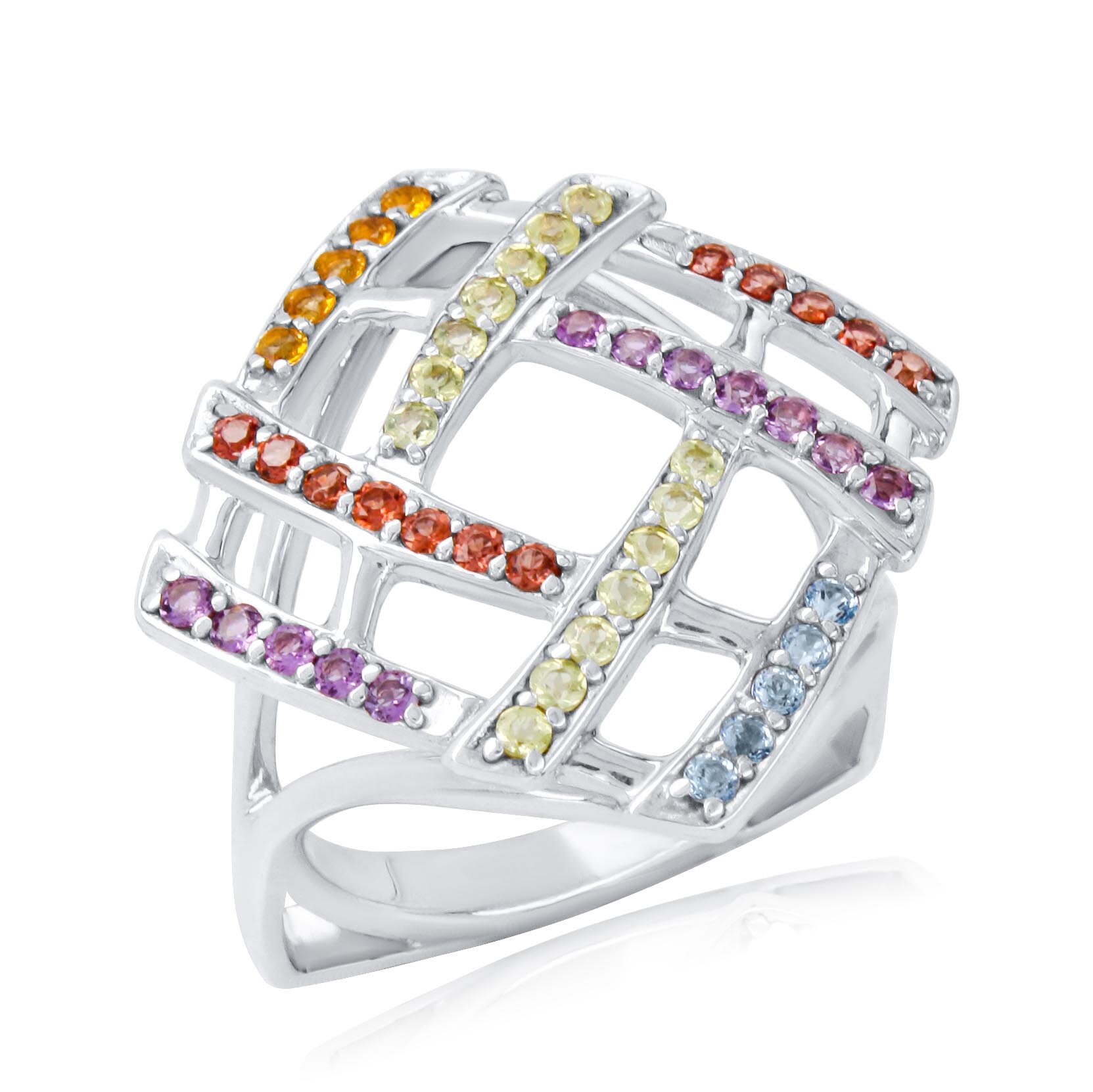 Перстень, серебро, 875 проба, родирование, аметист, цитрин, топаз, гранат, хризолит