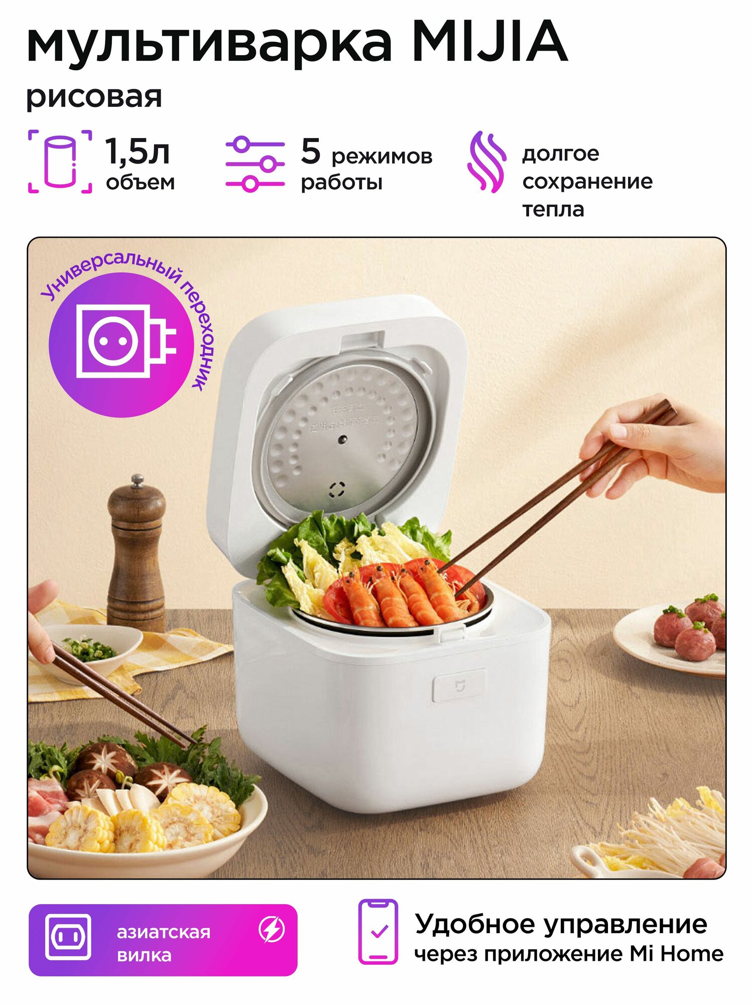 Xiaomi Рисоварка Мультиварка 1,5 литра MFB05M + переходник KT-168