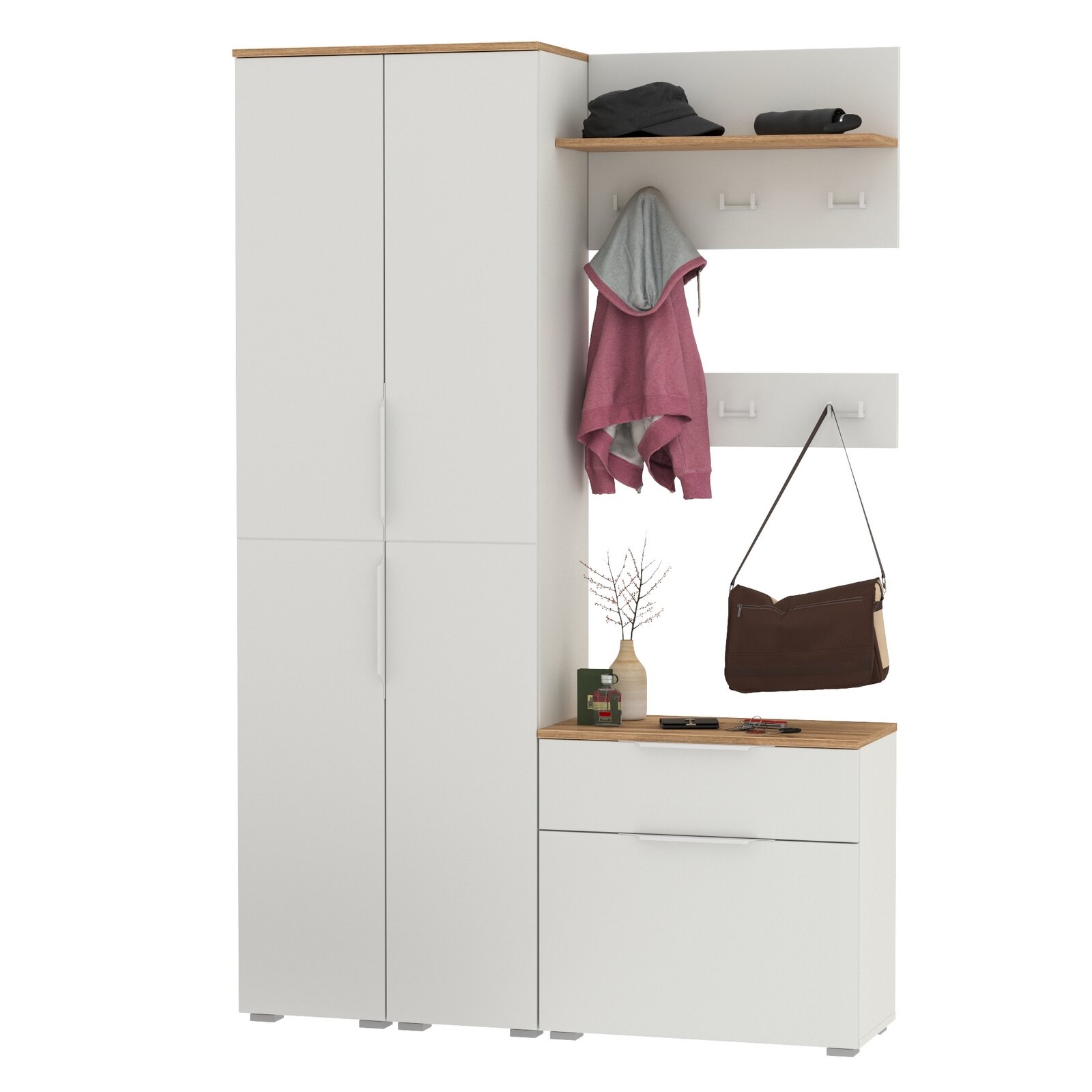 Прихожая комплект мебели для гардеробной, напольная 130см белый шагрень/дуб крафт золотой/фасады МДФ белый шагрень