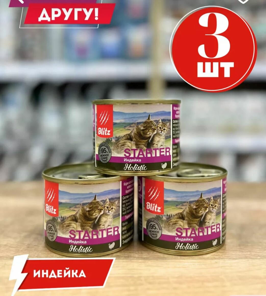 Консервы BLITZ Holistic Starter для котят, беременных и кормящих кошек (индейка) 200 г, 3 шт.