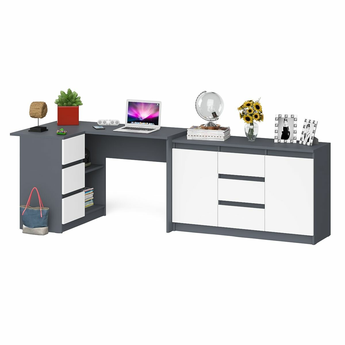 Тумба-комод ящики по середине и дверки по бокам СВК Мори МК200. и стол компьютерный левый графит/белый 2448х849х766 см.
