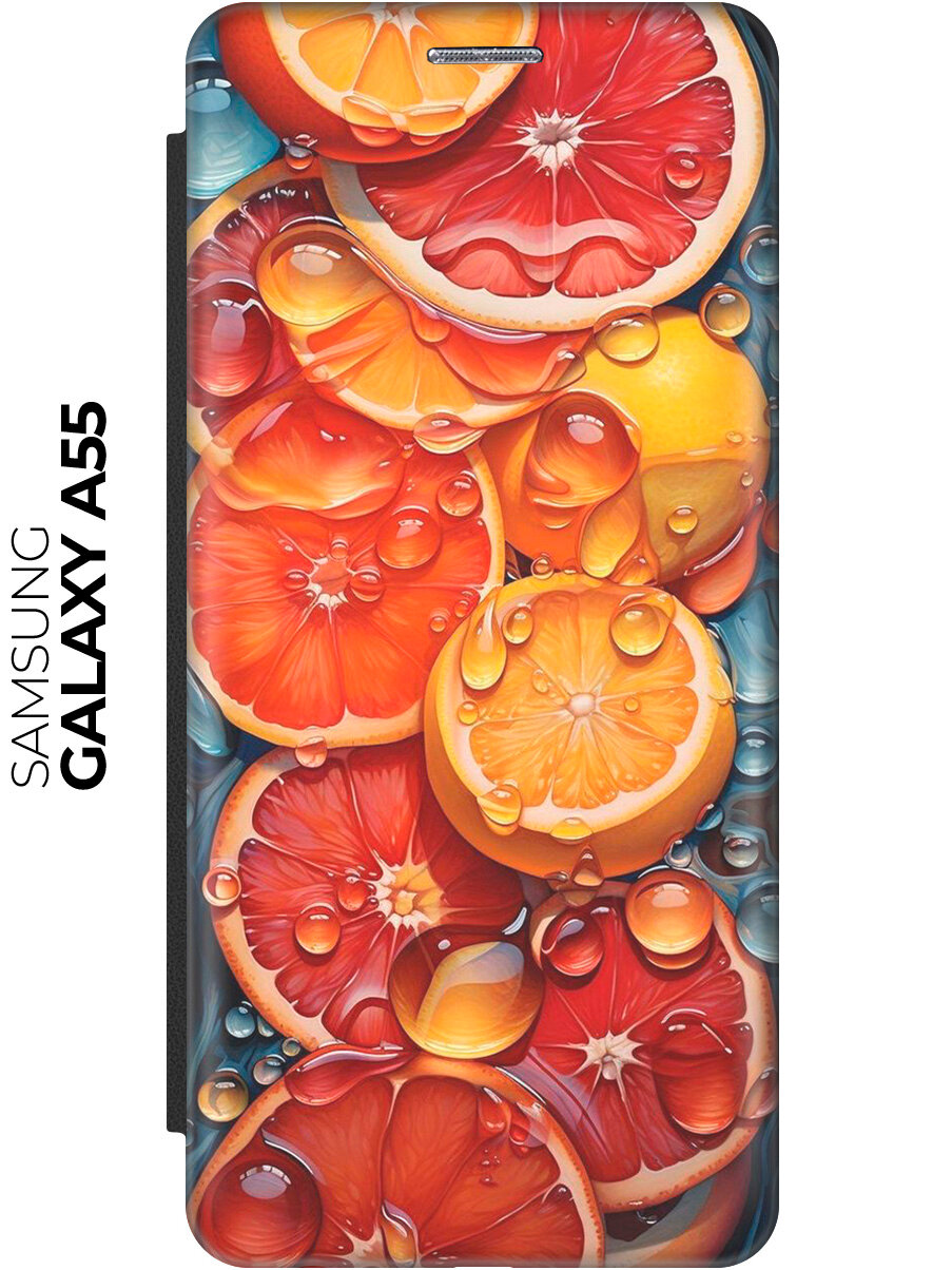 Чехол-книжка на Samsung Galaxy A55 / Самсунг А55 с рисунком "Сочные апельсины в каплях" черный