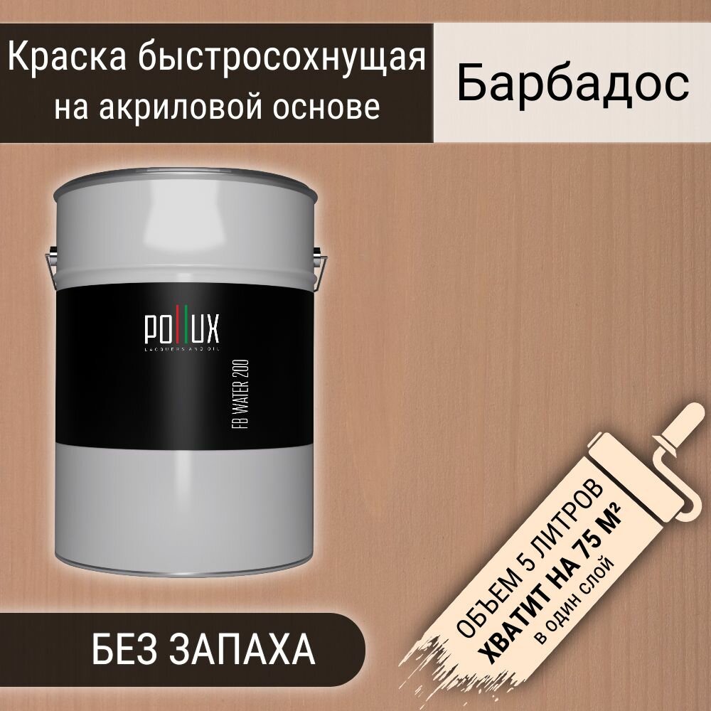 Краска для дерева акриловая водоотталлкивающая быстросохнущая моющаяся Pollux FB Water 200 "Барбадос" для фасадов/ для наружных и внутренних работ, полуматовая, цвет коричнево-розовый, объем 5 литров