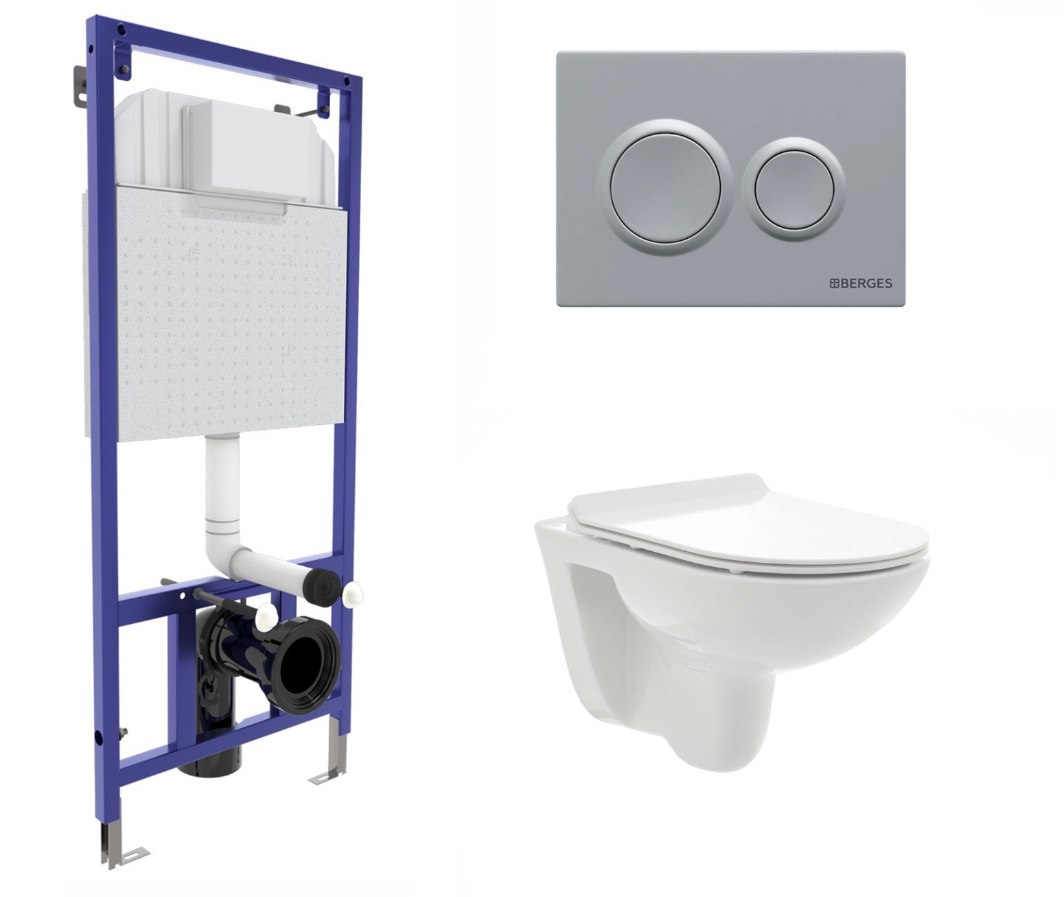 Комплект 3 в 1 инсталляция Berges Novum O2 + Унитаз подвесной AQUAme AQM2008 с кнопкой матовой хром
