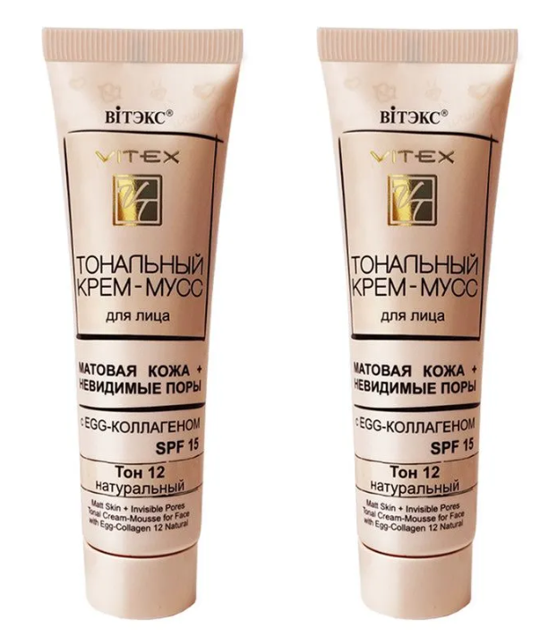 Тональный крем-мусс Vitex матовая кожа и невидимые поры c egg-коллаген spf15 тон 12 Натуральный, 30 мл , 2 шт.