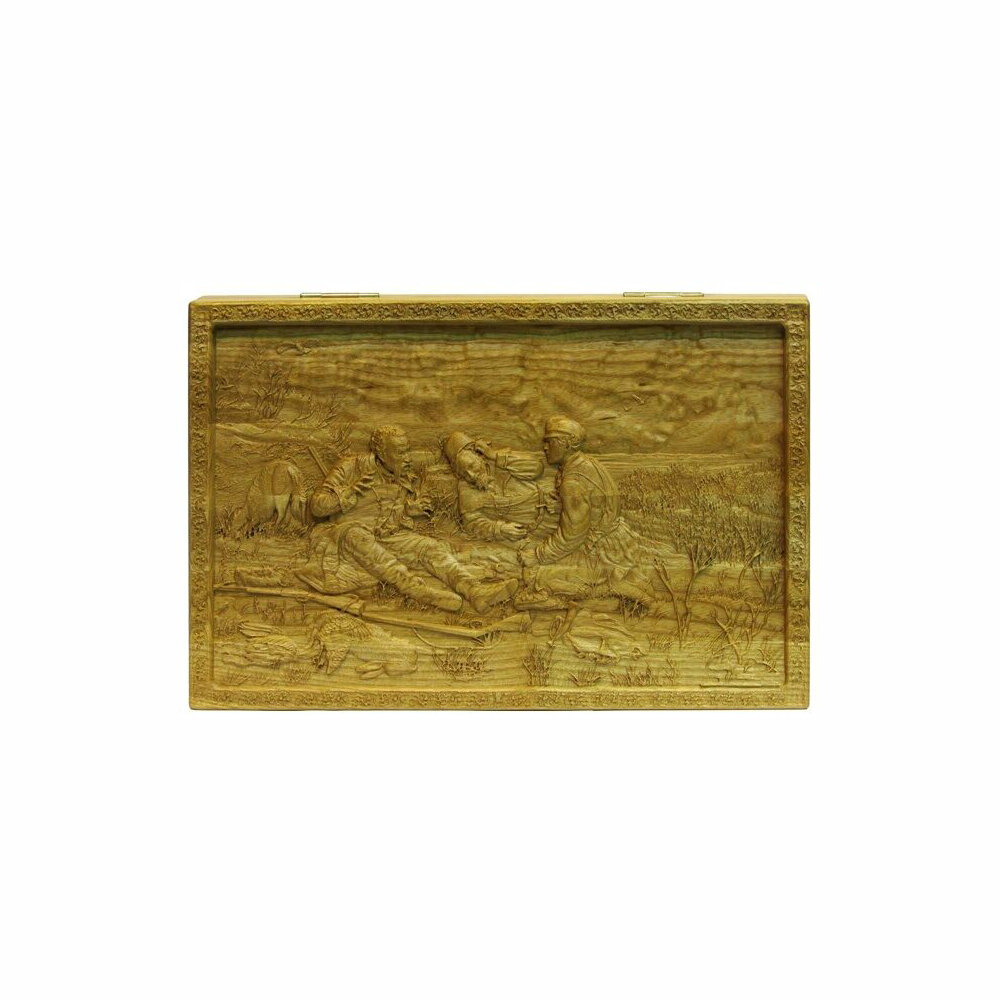 Резные объемные нарды+шашки дорожного размера из массива мореного ясеня Охотники на привале 36*46 см 999-56-24