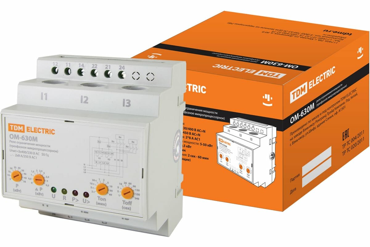 TDM ELECTRIC Реле напряжения (ограничения мощности) ОМ-630М 5/50-3Н-01 (3ф, 5-50кВт, 4мод, сумм. расчет, с реле напр.) SQ1505-0004