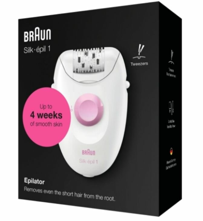 Эпилятор женский Braun Silk-epil 1 SE1176, для сухой эпиляции, 1 скорость, 20 пинцетов, белый/розовый