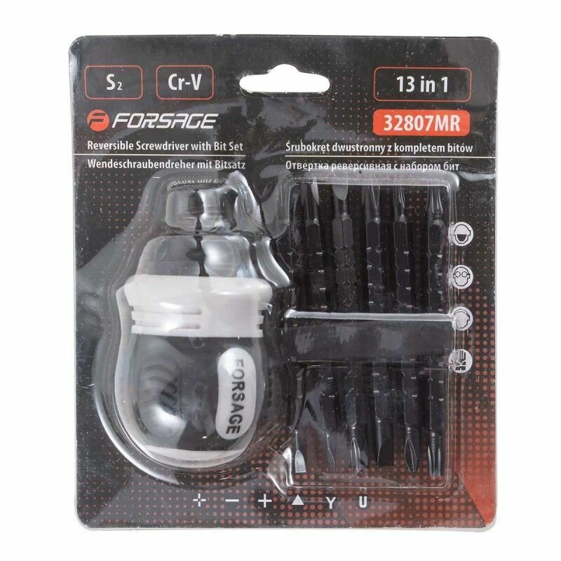 Отвертка реверсивная с набором бит специальных, в блистере Forsage