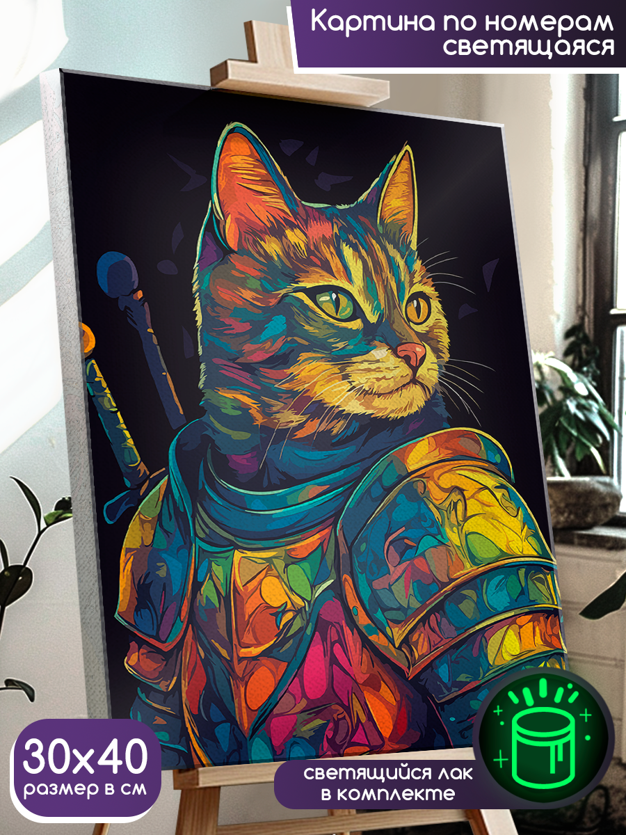 Картина по номерам со светящейся краской красочный кот рыцарь (котик в броне, воин, кот с мечом) - 2560 30x40 В