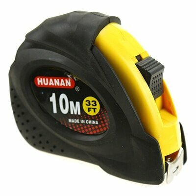 Рулетка КНР 10 м черно-желтый, прорезиненный корпус, широкая лента, 2 фиксатора