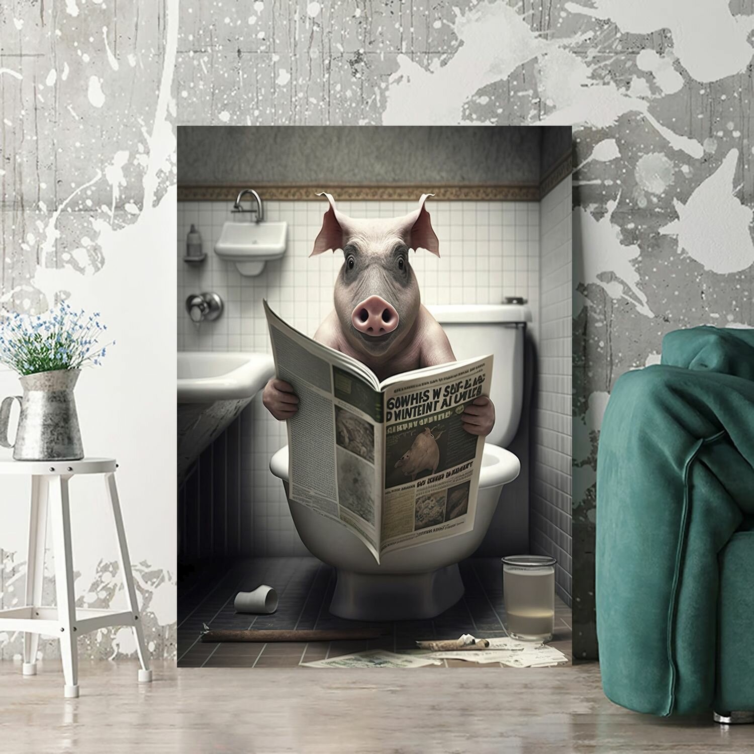 Картина в туалет, ванную комнату Свинья читает, 20х30 см.