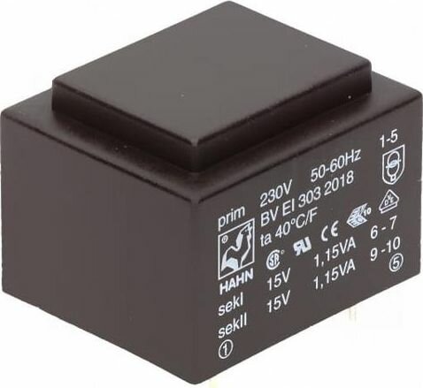 Трансформатор HAHN BV EI 303 2018 залитый 2,3ВА 230ВAC 15В 15В 76мА 76мА 81г 1 шт