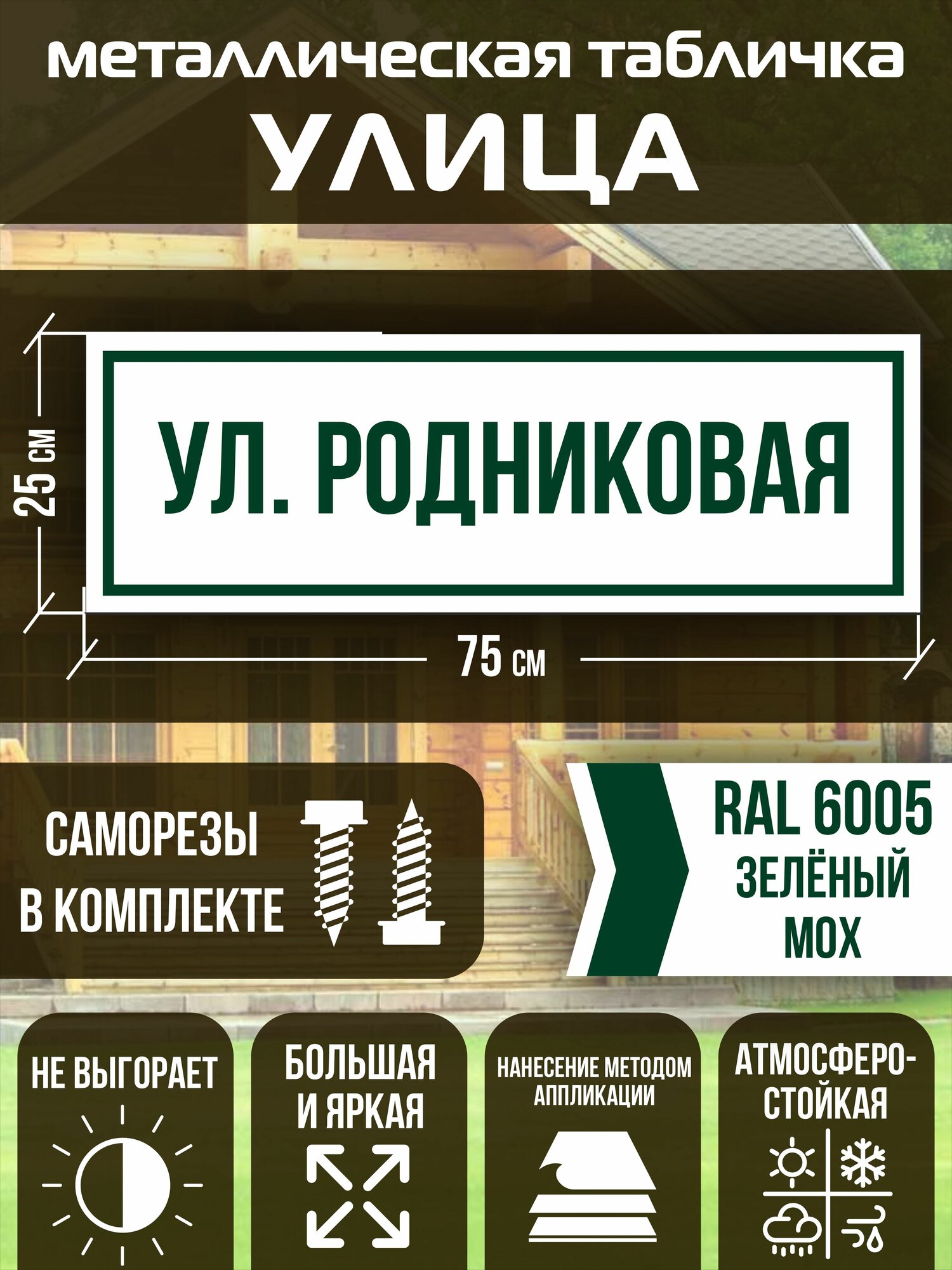 Адресная табличка на дом улица Родниковая RAL 6005 зеленая