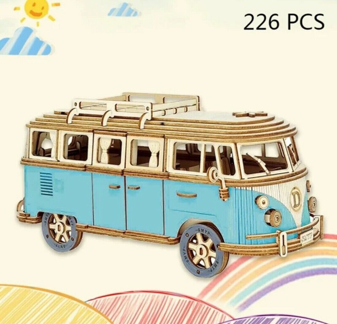 Синий деревянный Лагерь Автобус / Camping carr 3d, , развивающий для мальчиков и девочек / интерьерный, сборный из дерева для взрослых