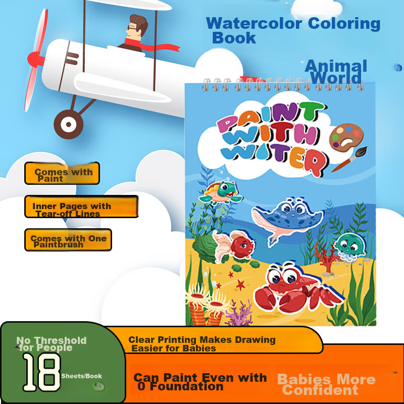 Tuotuoyu A4 Water-Sensitive Drawing Book for Children, Coloring Book with Built-In Paint And Color Cards, DIY Craft Notebook, Portable Watercolor Painting Book for Toddlers, Instant Painting with Water, Animal World