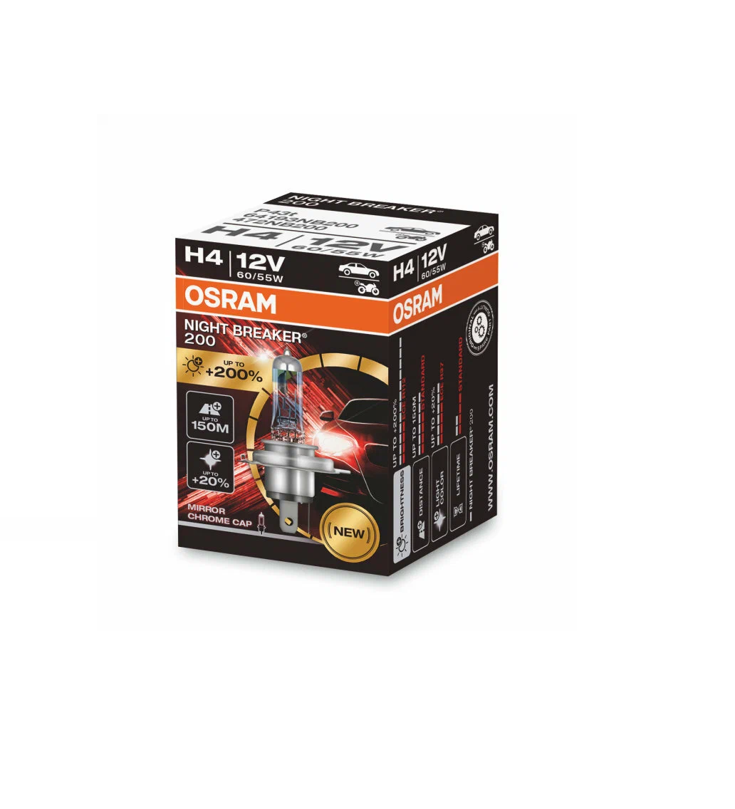 Лампа автомобильная OSRAM NIGHT BREAKER 200 O-64193NB200 H4, 60/55 Вт P43t+200% , 4050К, 12V