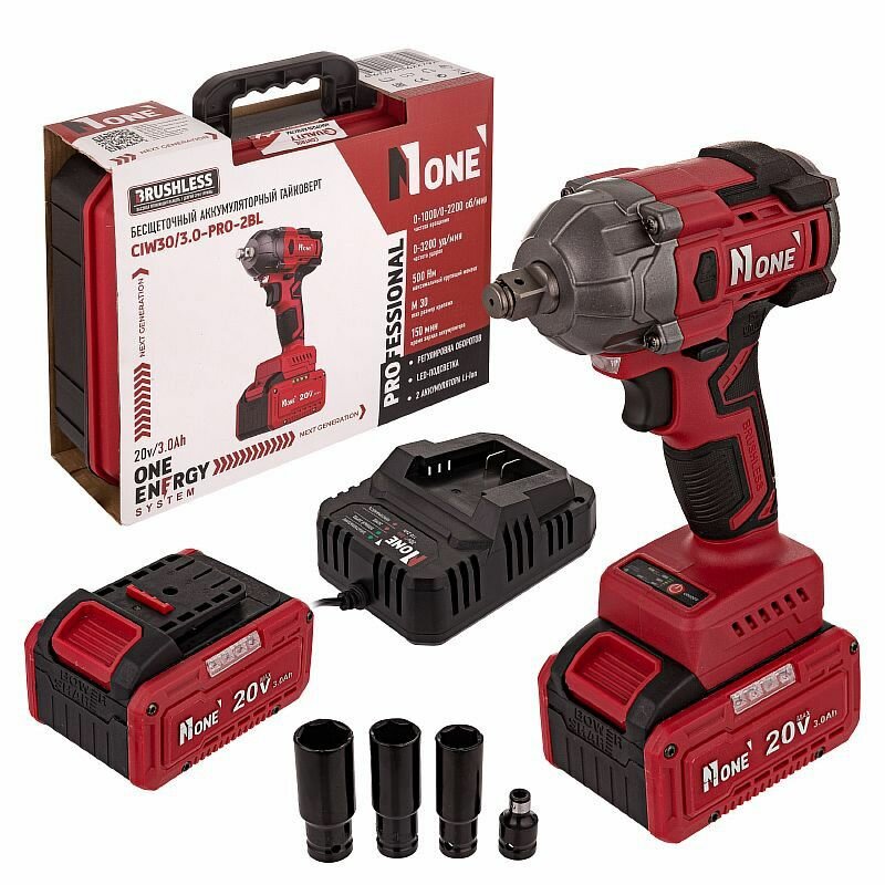 Гайковерт NUMBER ONE акк. ударный CIW30/3.0-PRO-2BL (20В, Li-ion,2х3Ач,500Hм,1/2" б/щ) 2,4кг кейс
