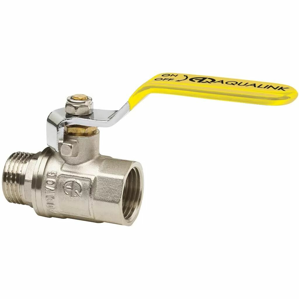 Кран шаровой для газа AquaLink 1/2 дюйма, гайка-штуцер (г-ш), с длинной желтой ручкой, артикул 07104