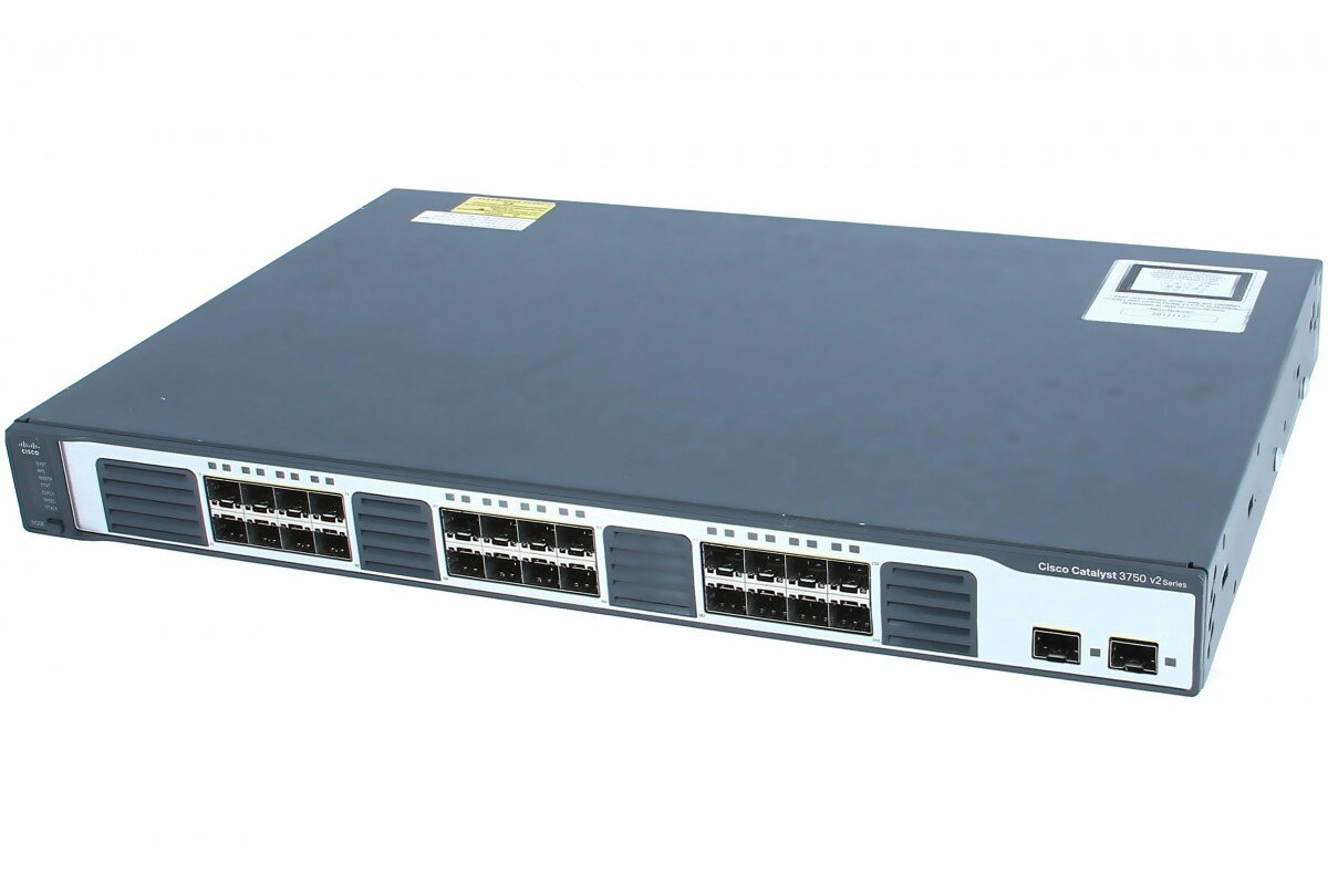 Коммутатор CISCO WS-C3750V2-24FS-S 24 * 100FX SFP ports, 2 SFP GE ports, 32-Gbps, wire rate backplane, 1RU fixed-configuration, multilayer switch, IPv6, IP Base software feature set