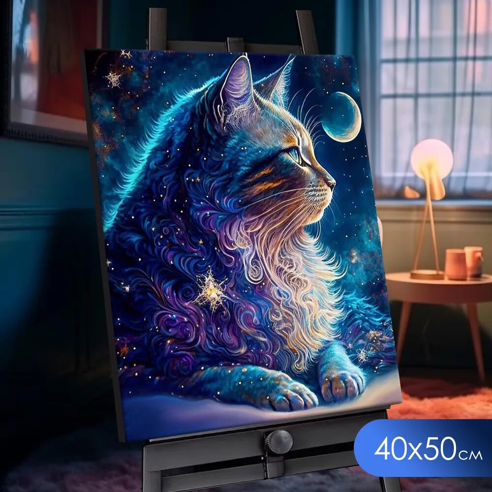 Картина по номерам с кристаллами из хрусталя (40х50) космический КОТ (22 цвета)
