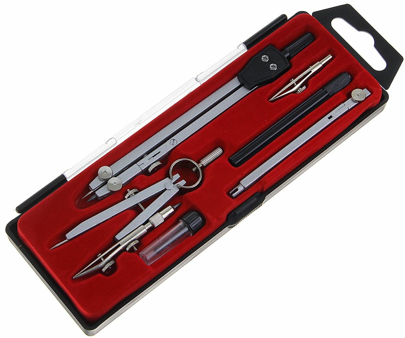 Готовальня для черчения из 6 предметов (2 циркуля, грифель, рейсфедер, 2 удлинителя), чертежный набор в пластиковом пенале