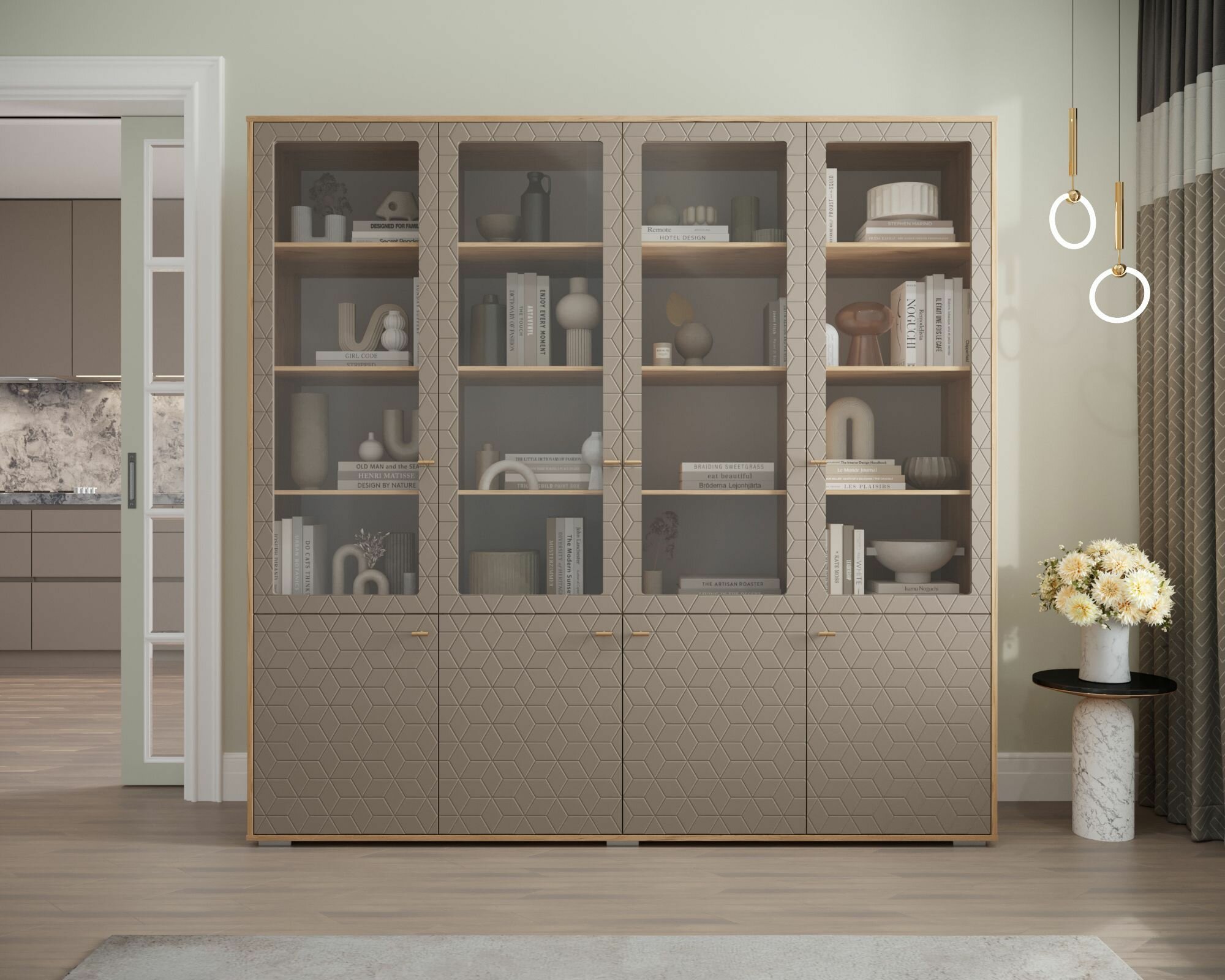 Книжный шкаф с полками "Монс 6" 204х200х50 Дуб крафт золотой / Мокко