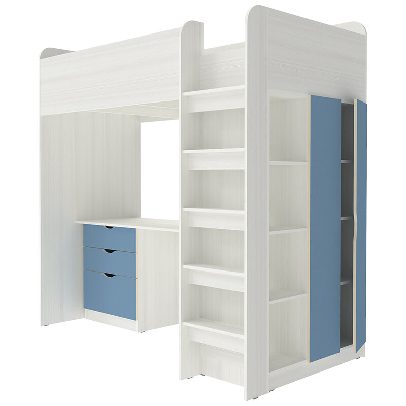 Кровать-чердак Polini Simple с письменным столом и шкафом Белое Дерево Светло Синий/Голубой