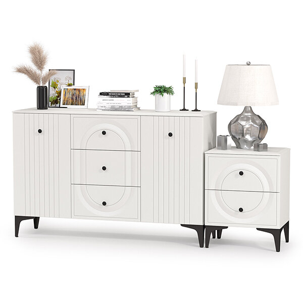 Валенсия Спальня 13.309 Комод + 13.291 Тумба прикроватная, цвет ЛДСП белый шагрень/МДФ белый шагрень