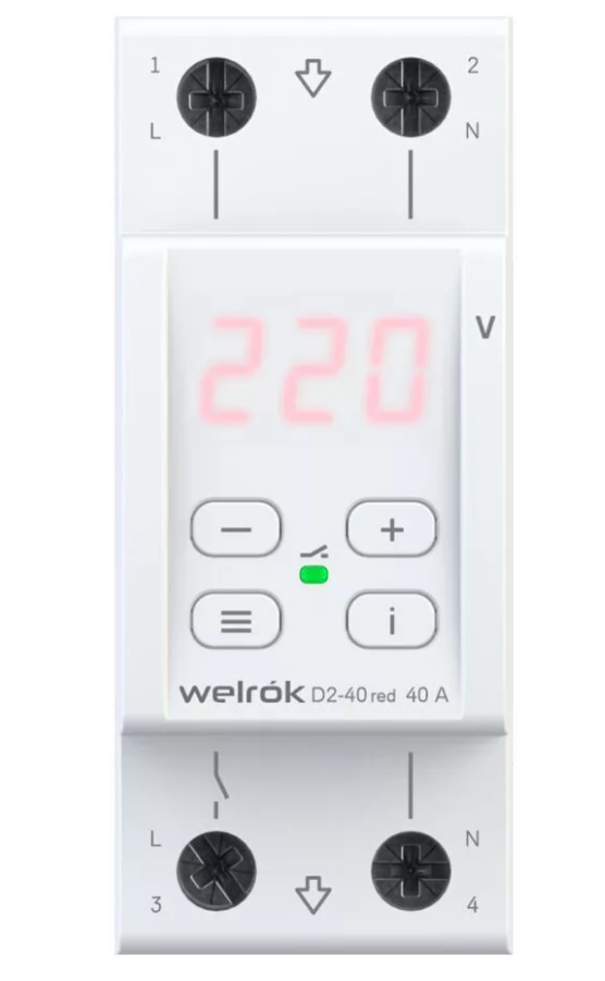 Реле напряжения Welrok / Вэлрок D2-40 red однофазное с транзитом нуля в корпусе из пластмассы, белый, 40А, 120(280)В / электрика