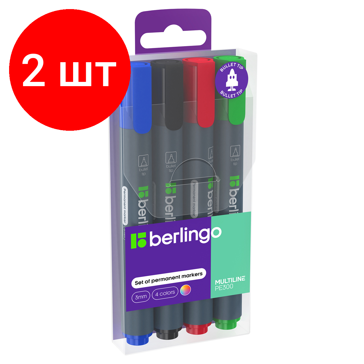 Комплект 2 шт, Набор перманентных маркеров Berlingo "MultiLine PE300" 04цв, пулевидный, 3.0мм
