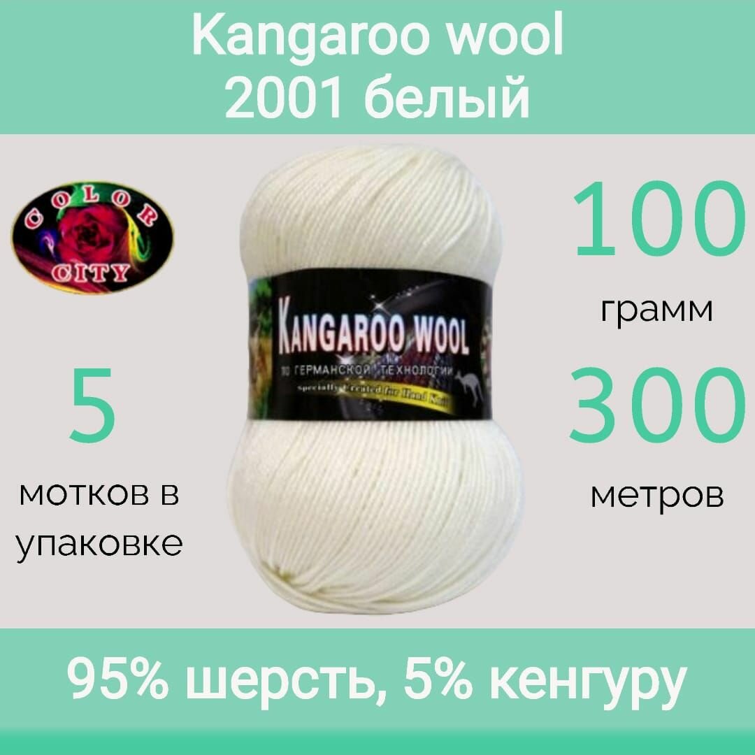 Пряжа Color City Kangaroo wool 2001 белый (100г/300м, упаковка 5 мотков)