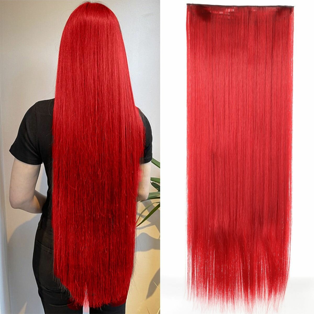 Широкая прядь-хвост, волосы накладные на заколках, прямые 80 см, Чёрный