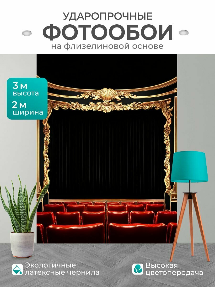 Фотообои моющиеся ударопрочные "Черный, оформленные в стиле старинного театра с обилием барокко и причудливыми узорами, создающими атмосферу элегантности" 200x300 см. флизелиновые на стену