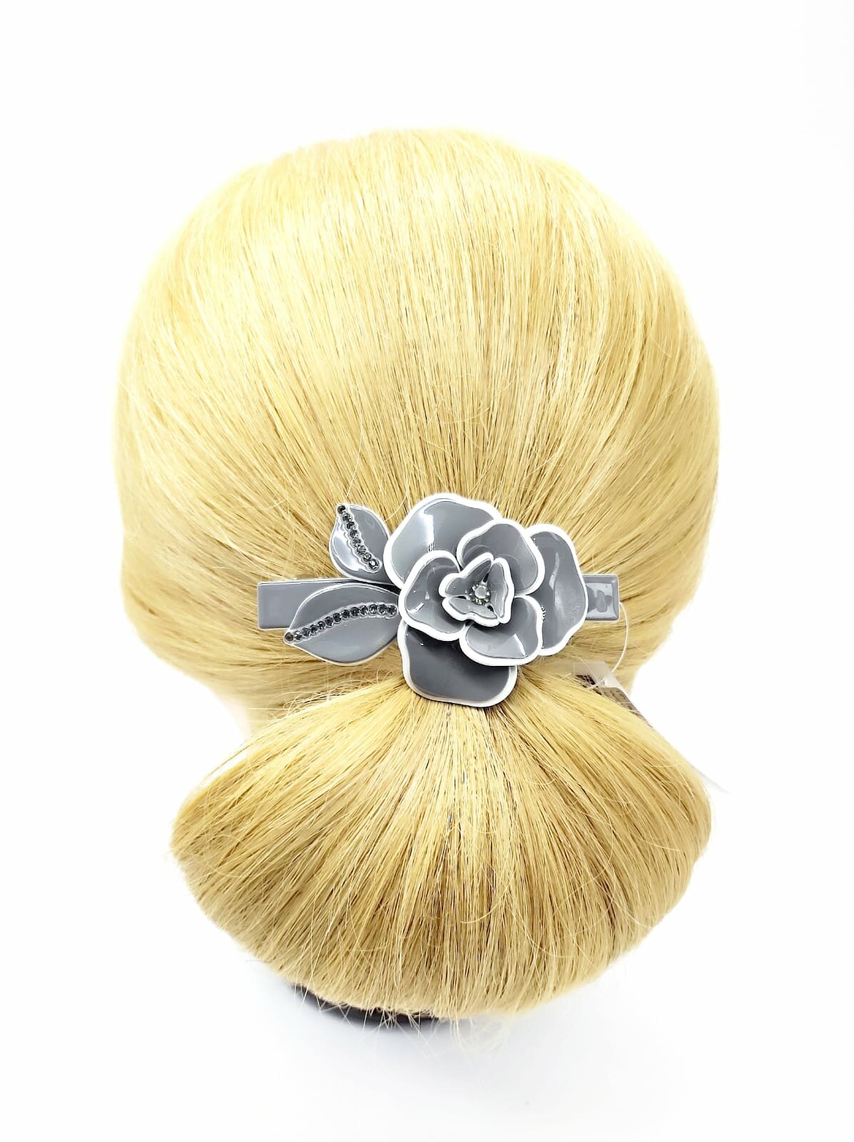 Заколка-автомат в виде цветка, пластиковая, цвет серый, украшена кристаллами