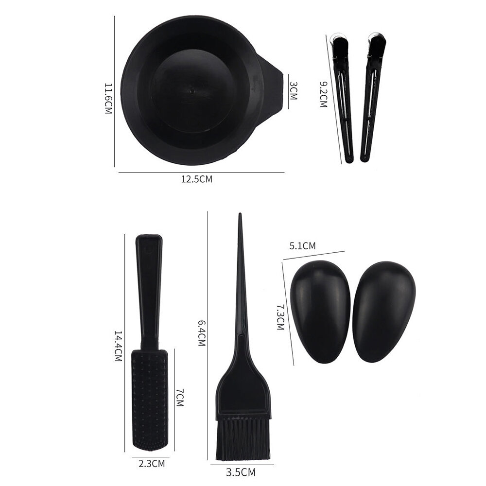 Набор из 12 предметов для окрашивания волос в салоне и дома, в который входят миска для краски, расческа, щетка, наушники, зажимы, перчатки, накидка, шапочка для душа и блендер.