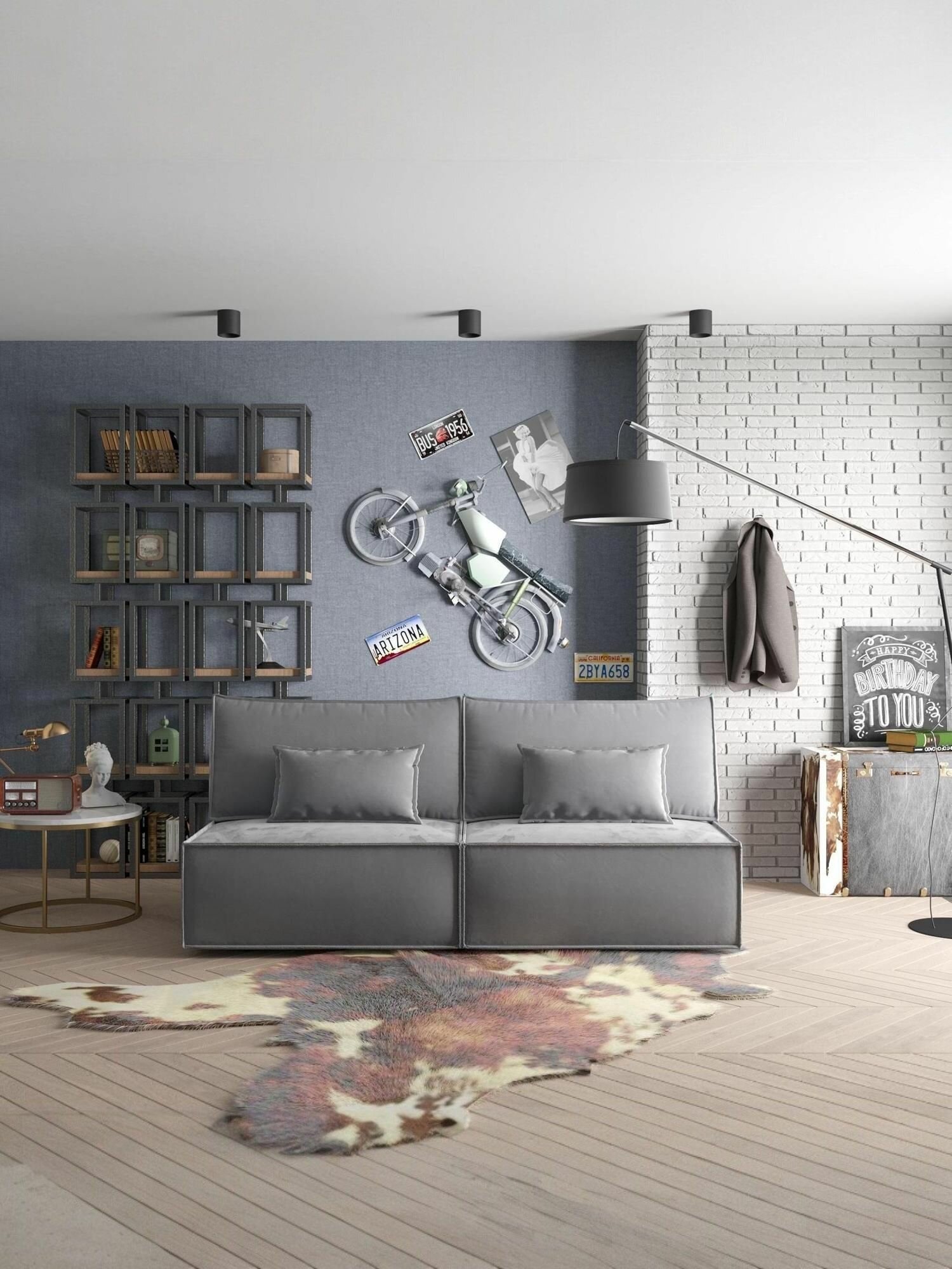 Прямой диван Manons Maison Hygge Short, раскладной механизм Еврокнижка (Тик-так), Велюр серый, 200х100х86 см