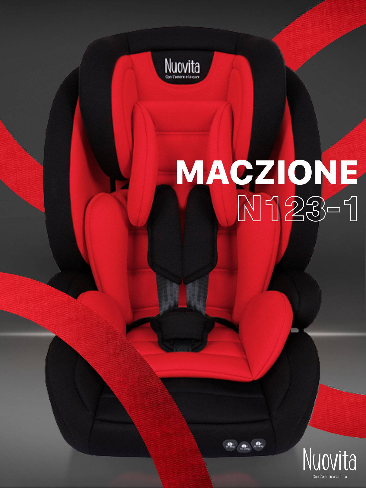 Автокресло детское Nuovita Maczione N123-1, группа 1/2/3, от 9 мес до 12 лет, весом от 9 до 36 кг/ трансформер (Красный)