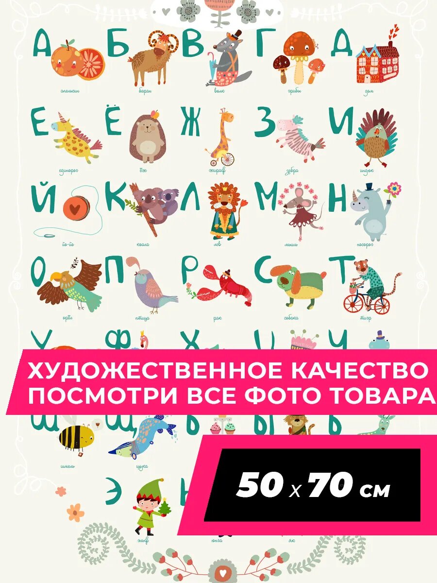 Плакат алфавит русский на стену веселые буквы 50 на 70