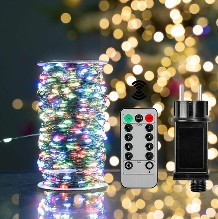 Гирлянда электрическая Роса нить 100 м. IP65, зелёный провод (разноцветная)