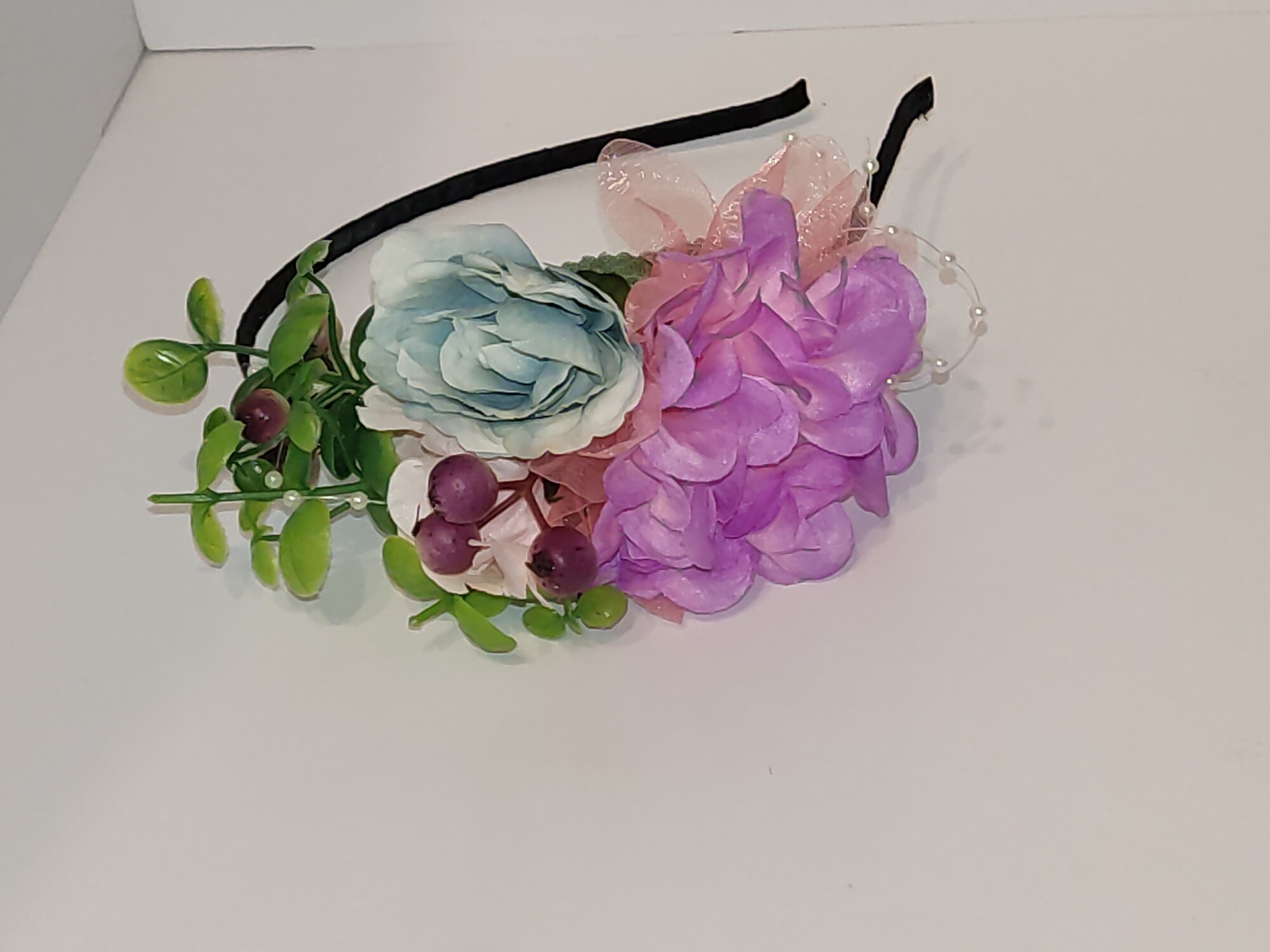 Ободок для волос "Цветы - ягоды", металл, ручной работы, сиреневый/голубой