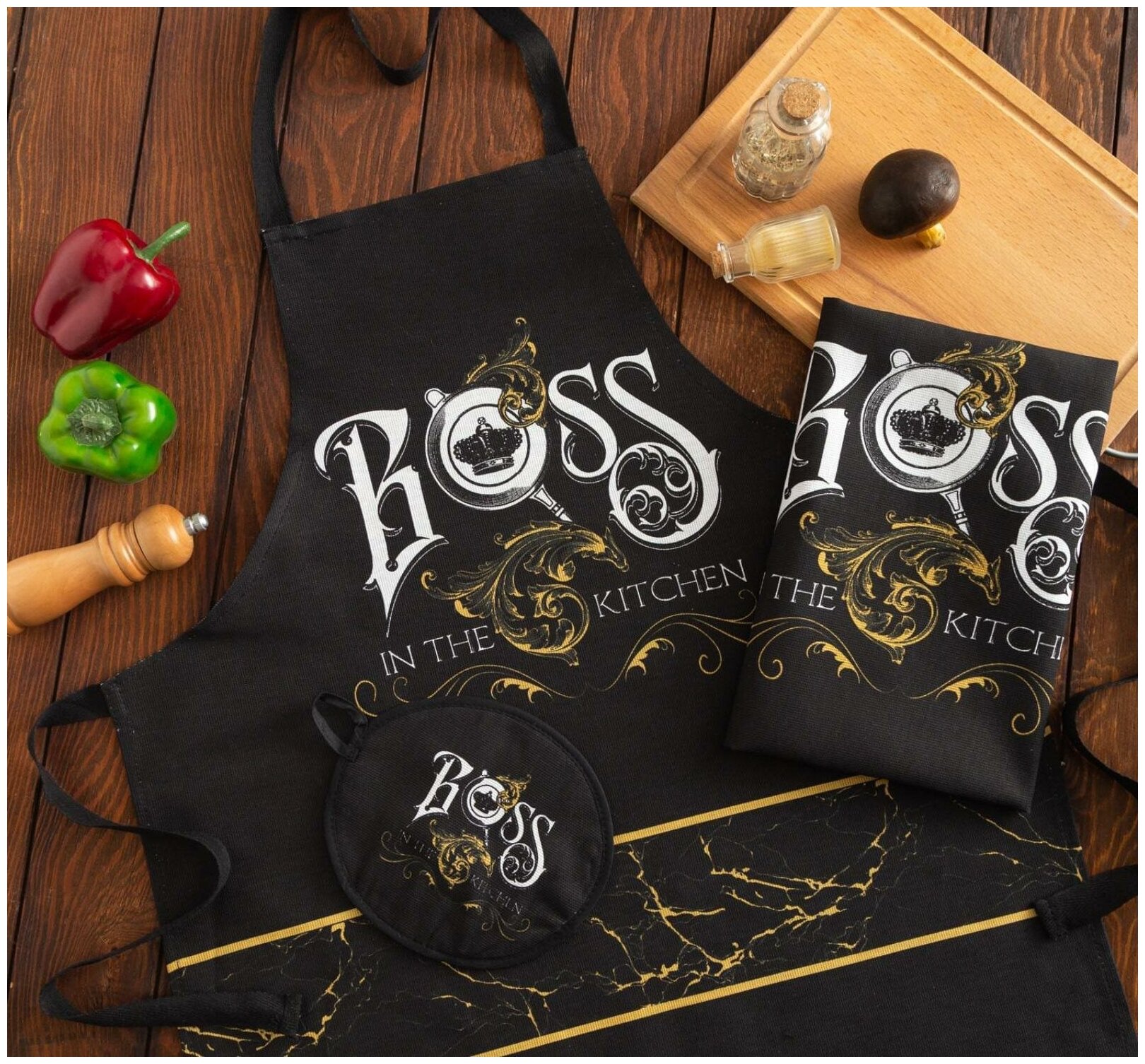 Кухонный набор Boss, фартук 70х60 см, прихватка 20х20 см, полотенце 35х60см, 5376594